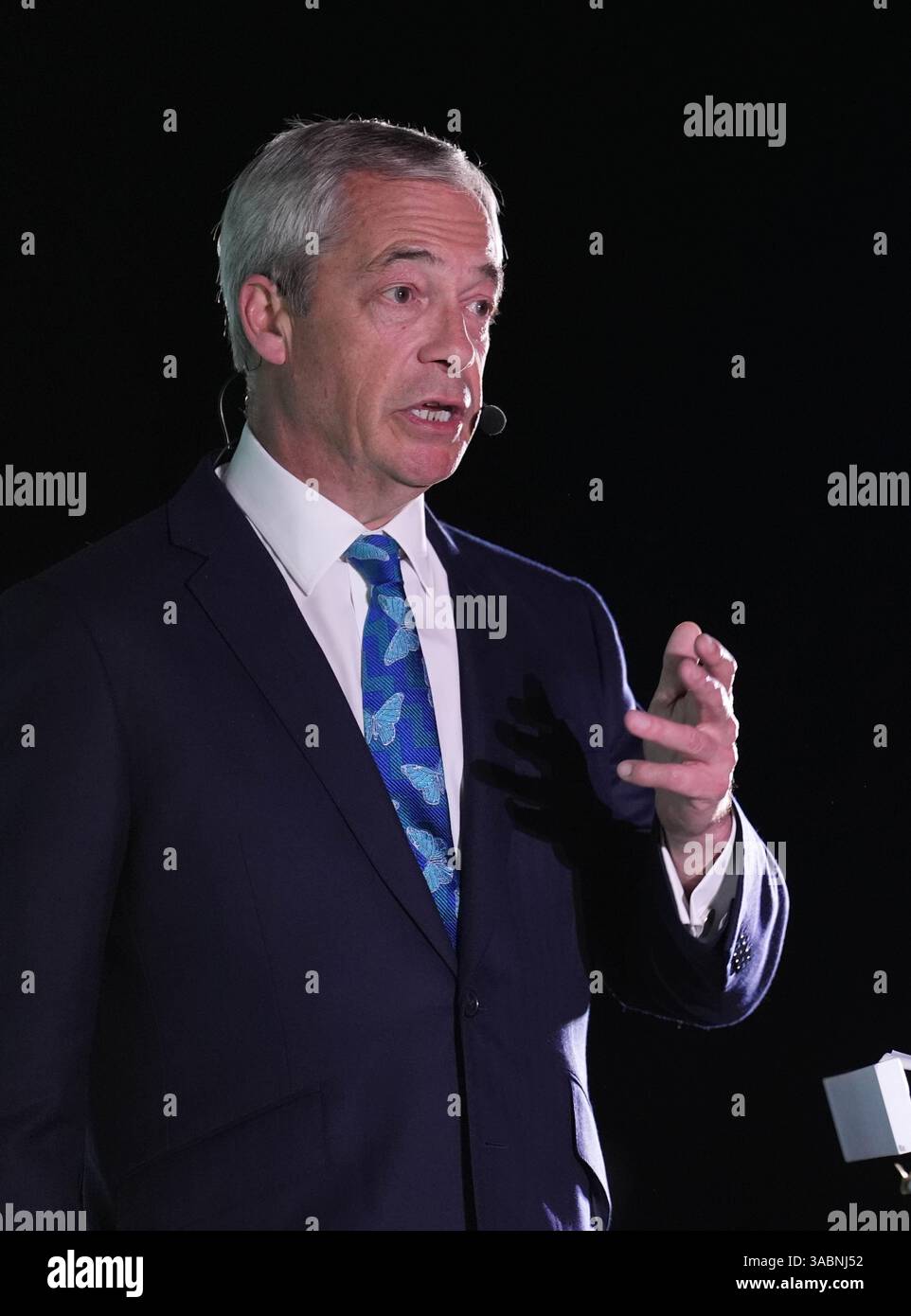 Reform UK leader Nigel Farage speaking at Kettering Leisure Village, in ...