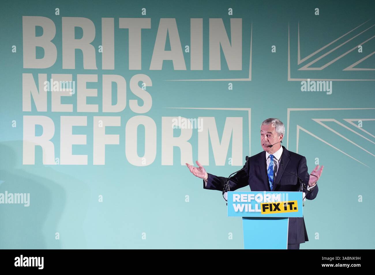 Reform UK leader Nigel Farage speaking at Kettering Leisure Village, in ...