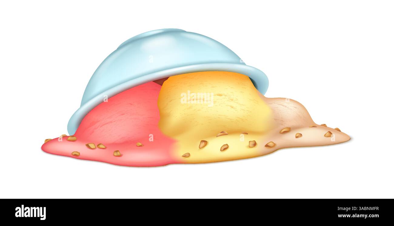 Melting ice cream scoops of various colors spill from overturned blue ...