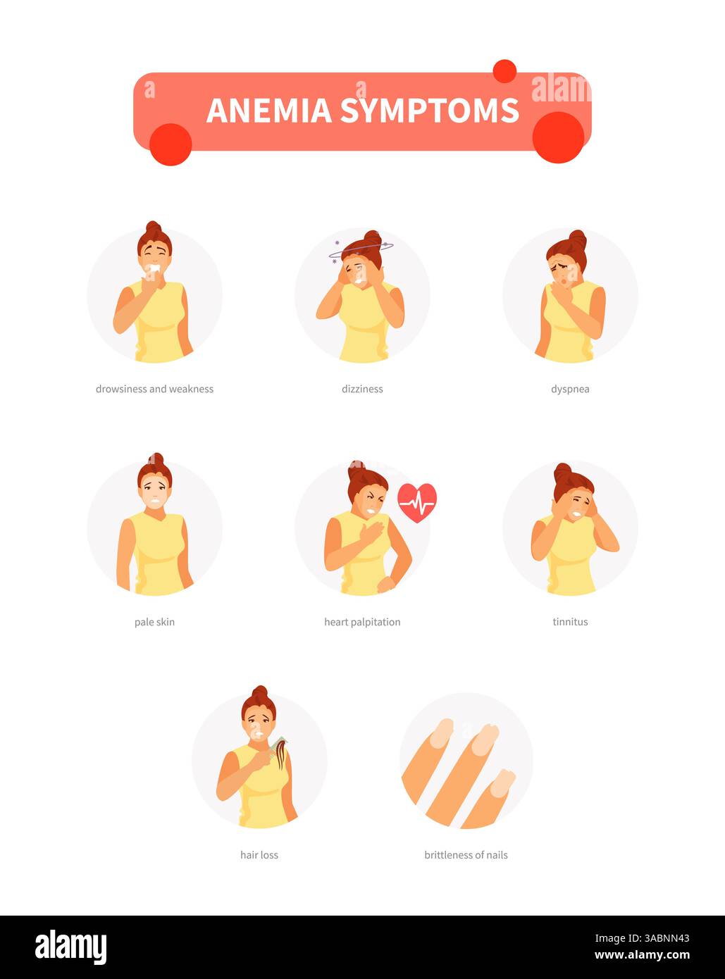 Female character with symptoms of anemia. Medical vector infographics ...