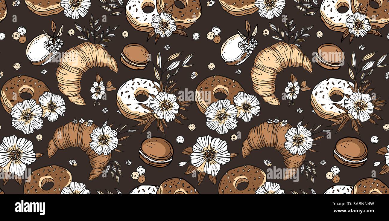 Bakery Sketch Vintage Pattern Donut and Macaron Sweet Pastry Seamless ...