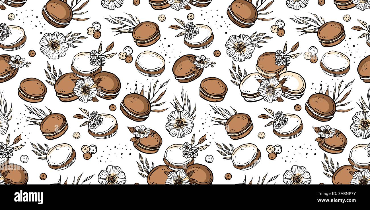 Bakery Pattern Sketch Seamless French Macaron Vintage Background Doodle Patisserie Vector ...
