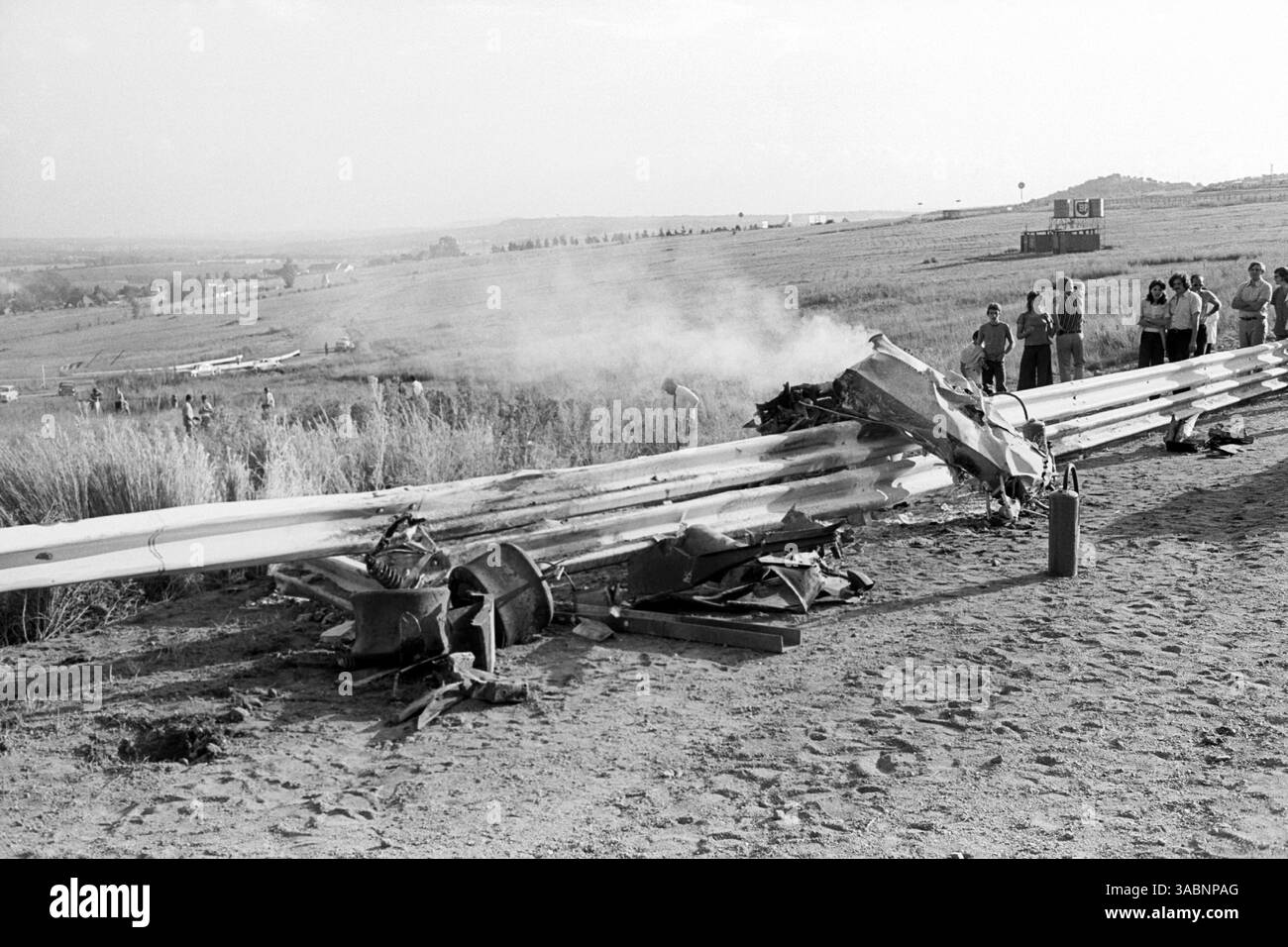 The aftermath of the fatal accident suffered in pre-racing testing the ...