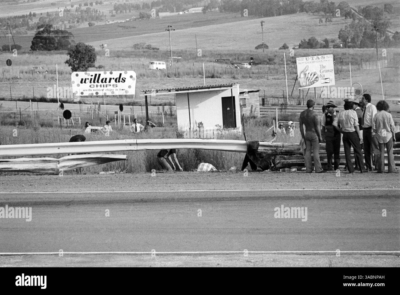 The aftermath of the fatal accident suffered in pre-racing testing the ...