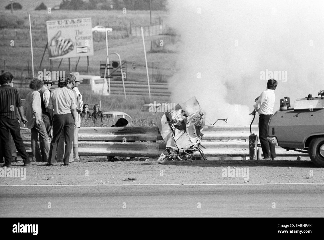 The aftermath of the fatal accident suffered in pre-racing testing the ...