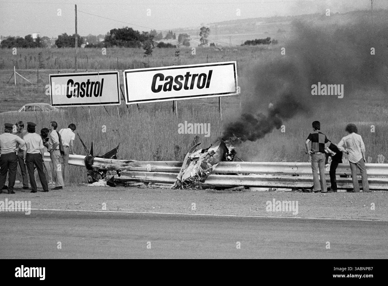 The aftermath of the fatal accident suffered in pre-racing testing the ...