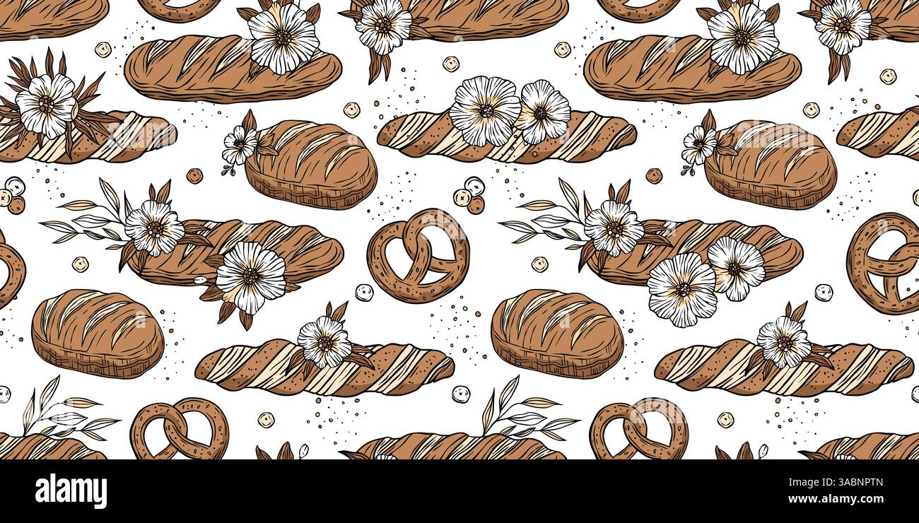 Bakery Bread Pattern Sketch Vintage Flower Loaf Pretzel Background ...