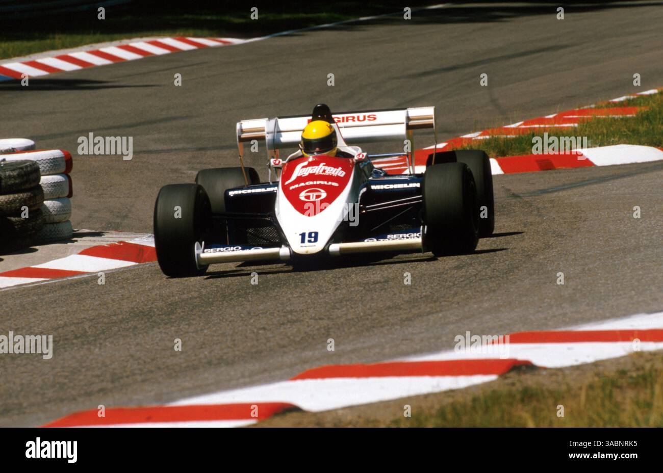 Ayrton Senna (BRA) Toleman TG184, negotiating the old second chicane ...