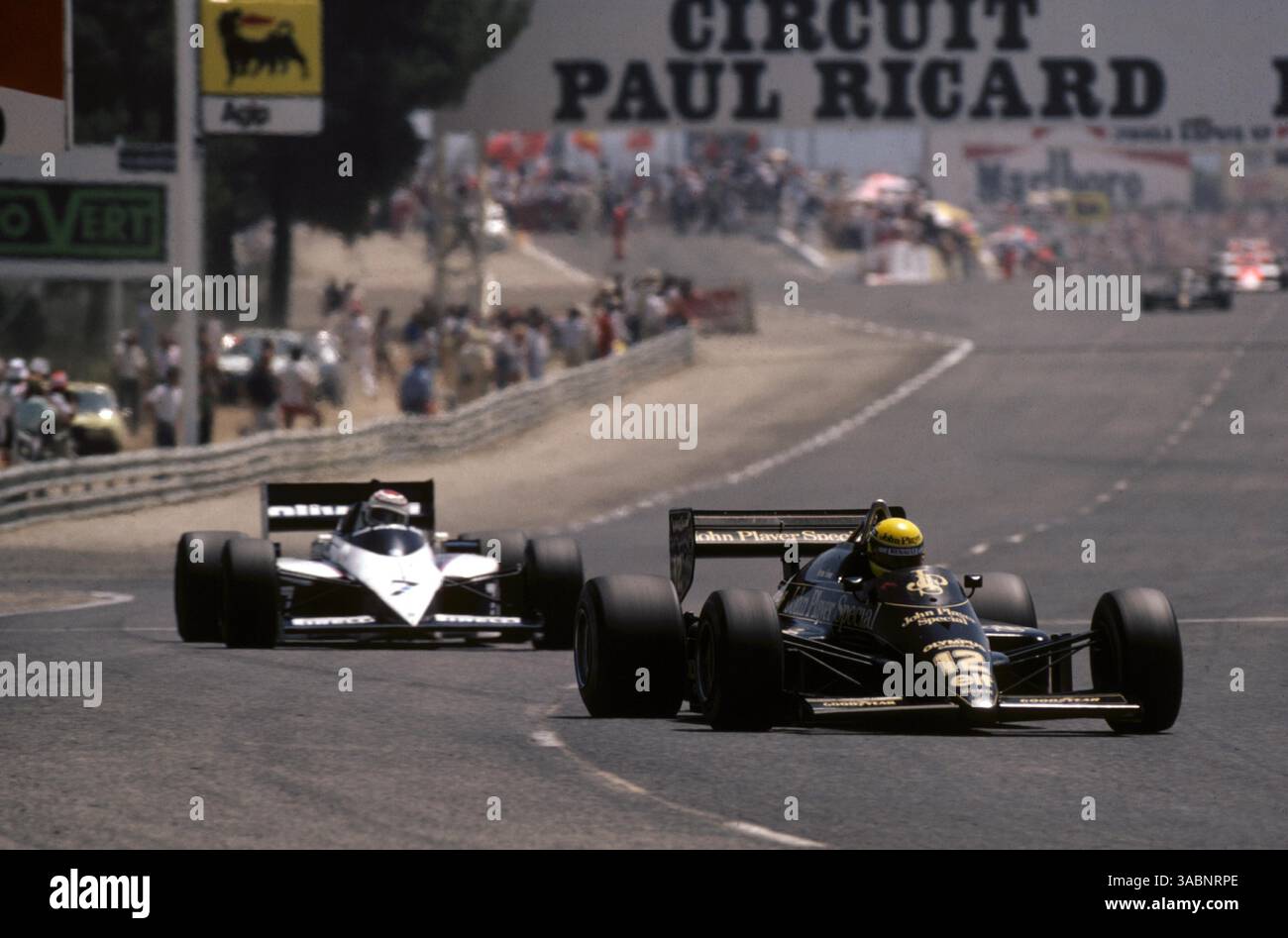 Ayrton Senna (BRA) Lotus 97T, who crashed out of the race, leads race ...
