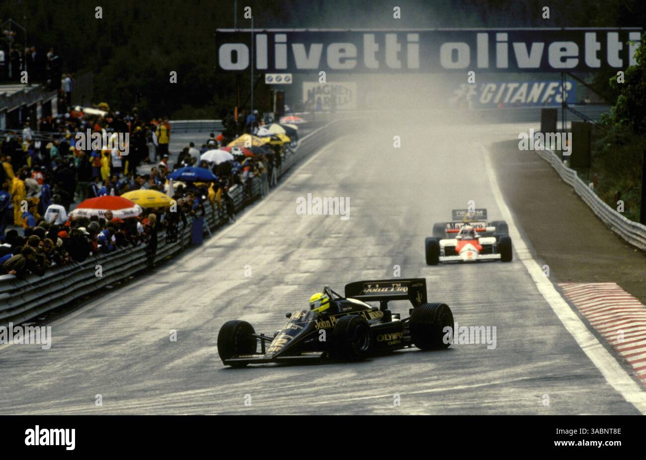 Race winner Ayrton Senna (BRA) Lotus 97T leads third placed Alain Prost ...