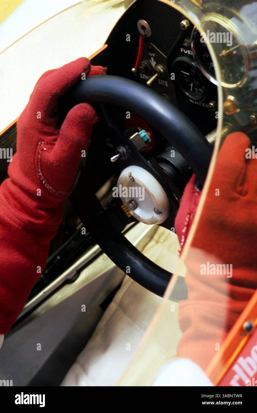 The steering wheel and cockpit of the McLaren M28. ..Argentinean Grand ...
