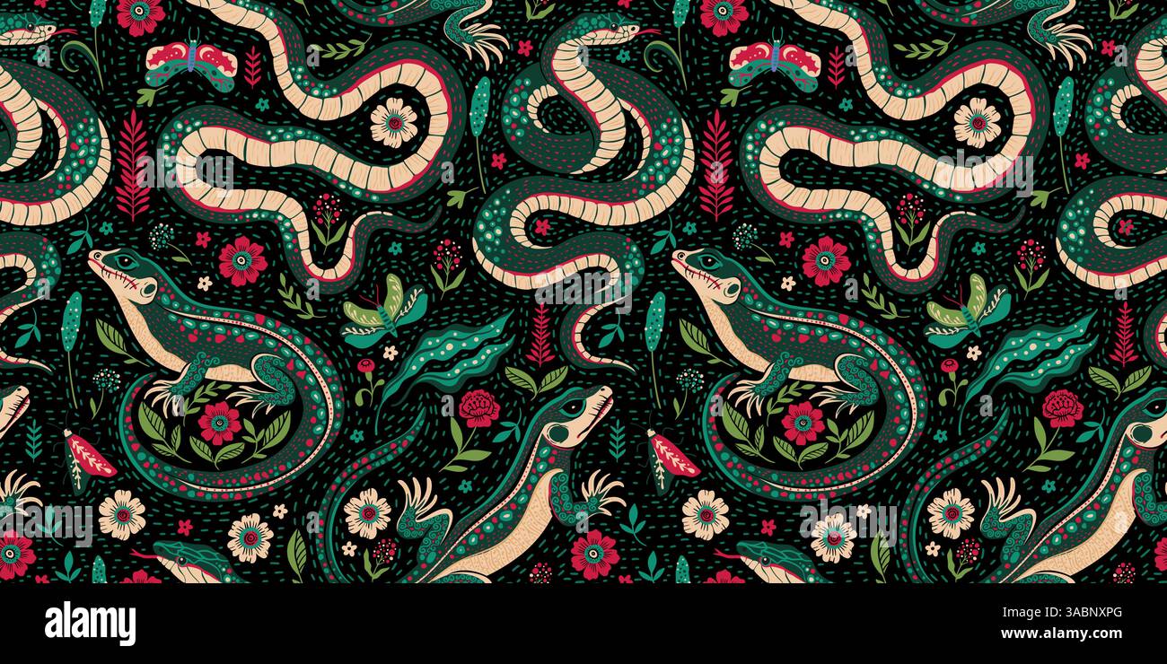 Seamless Vintage Pattern Featuring Forest Folk Batik Art Lizard Serpent ...