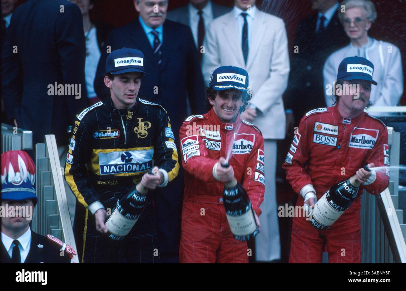 Race winner Alain Prost, centre with Ayrton Senna,left, and 2nd placed ...