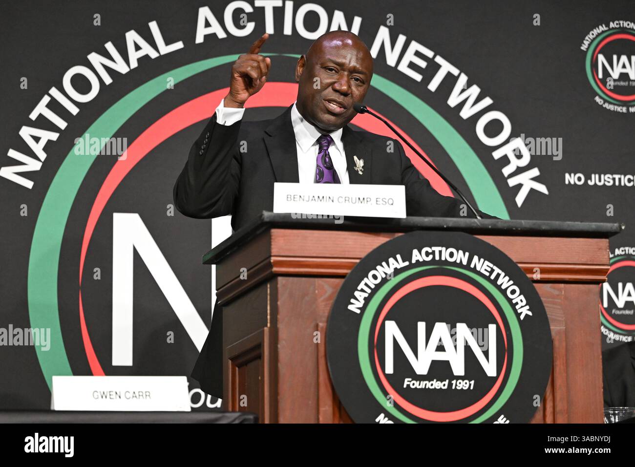 New York, USA. 02nd Apr, 2025. Attorney Benjamin Crump speaks at 'From Grief to Action: Fight ...