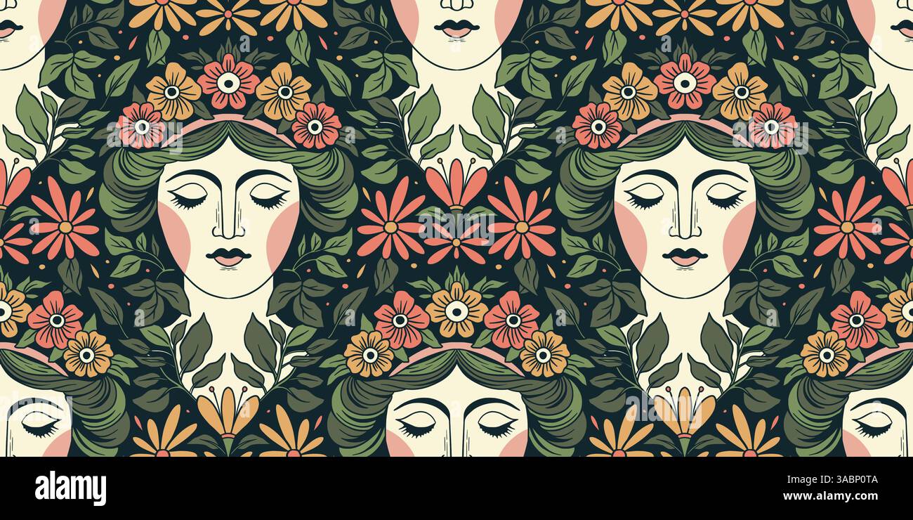 Seamless Vector Floral Vintage Pattern With Woman Face With A Flower ...