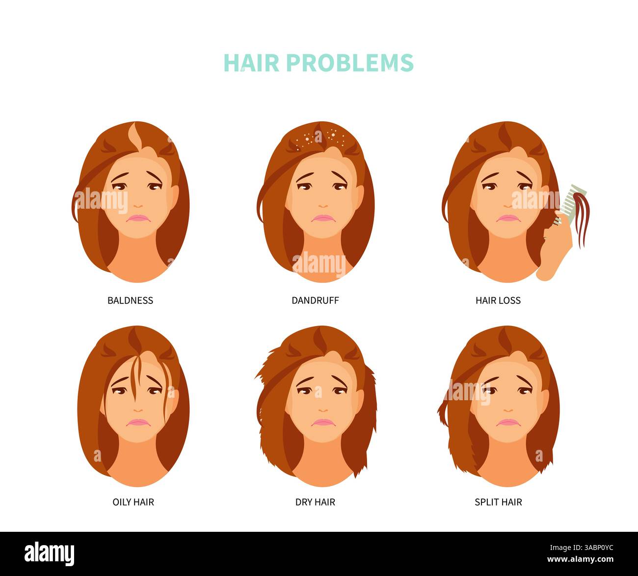 Set girl character with different hair problems. Baldness, dandruff ...