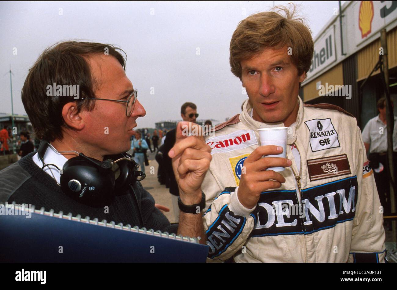 L-R): Denis Chevrier (FRA) Renault talks with Thierry Boutsen (BEL) Williams Renault...Formula ...