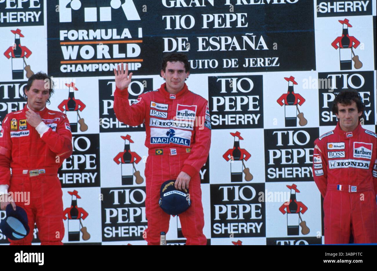 L to R) Gerhard Berger (AUT) 2nd place. Winner Ayrton Senna (BRA). 3rd ...