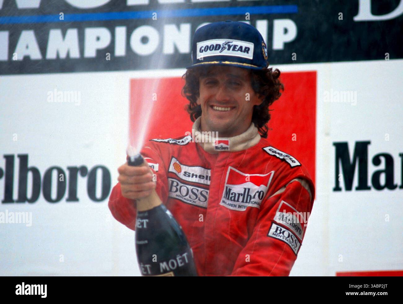 Race winner Alain Prost (FRA) Mclaren celebrates after equalling Jackie ...