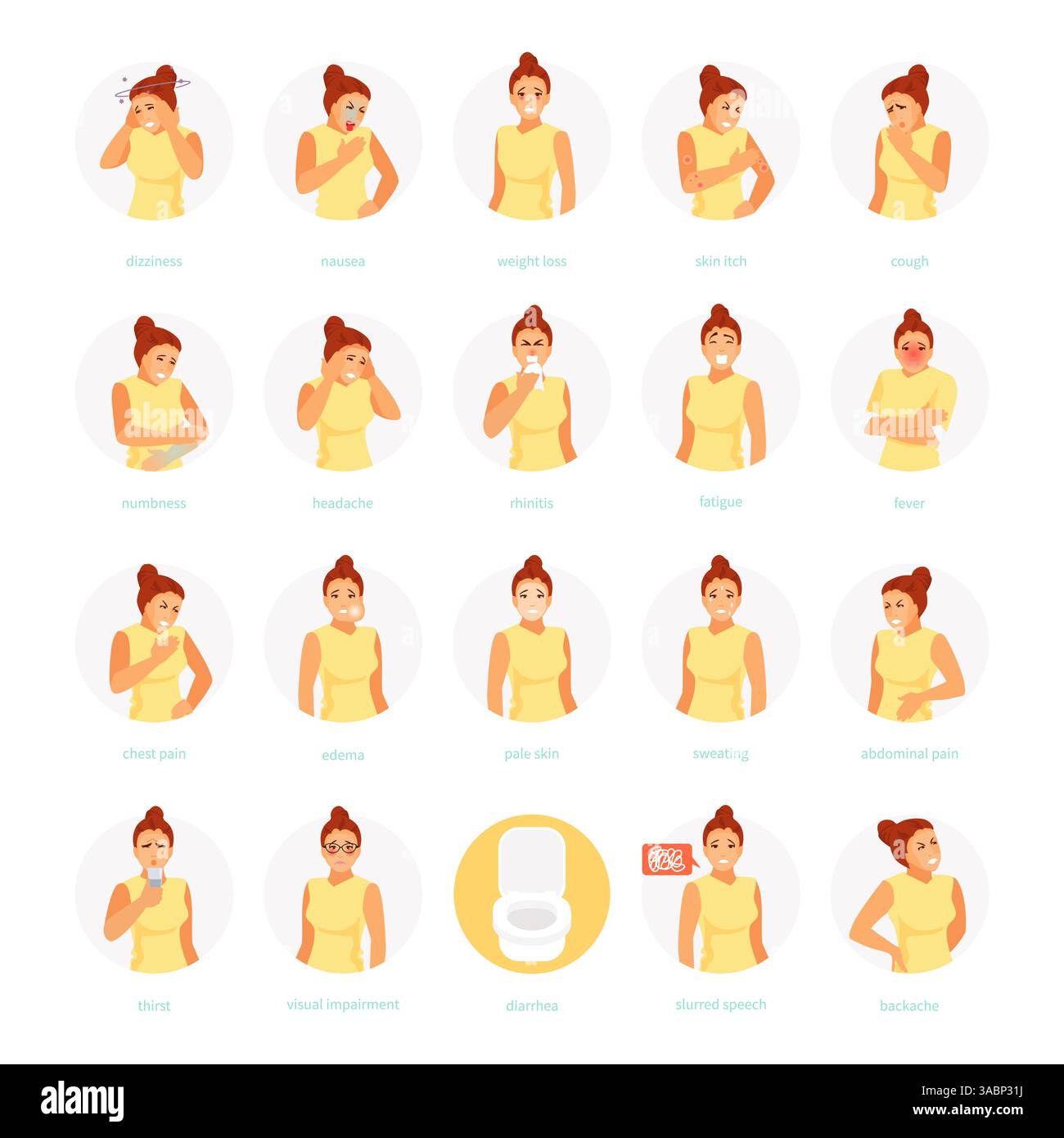 Female character with different symptoms of disease. Vector medical ...