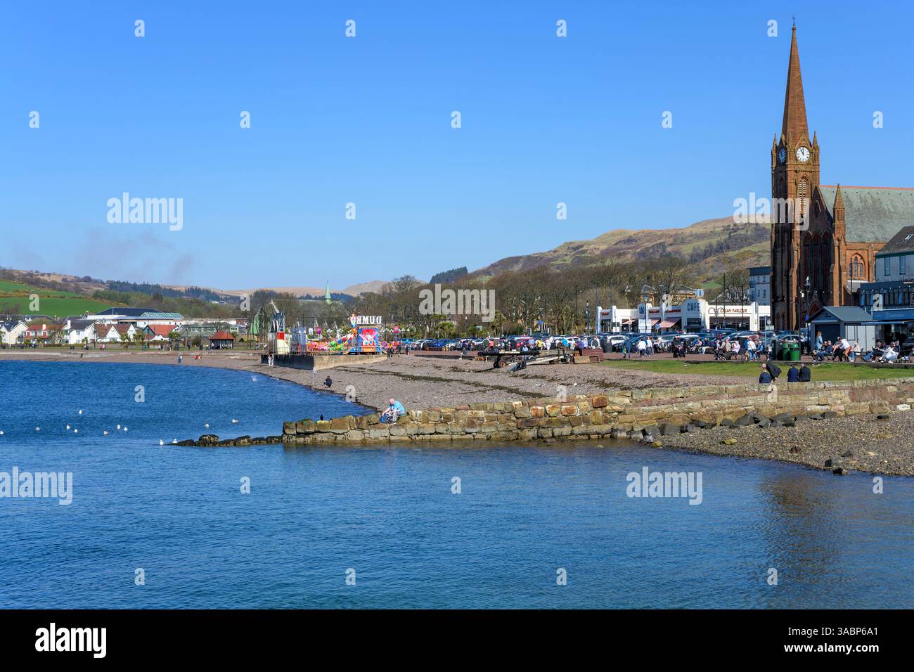 View looking towards Largs promenade in the town centre, North Ayrshire ...