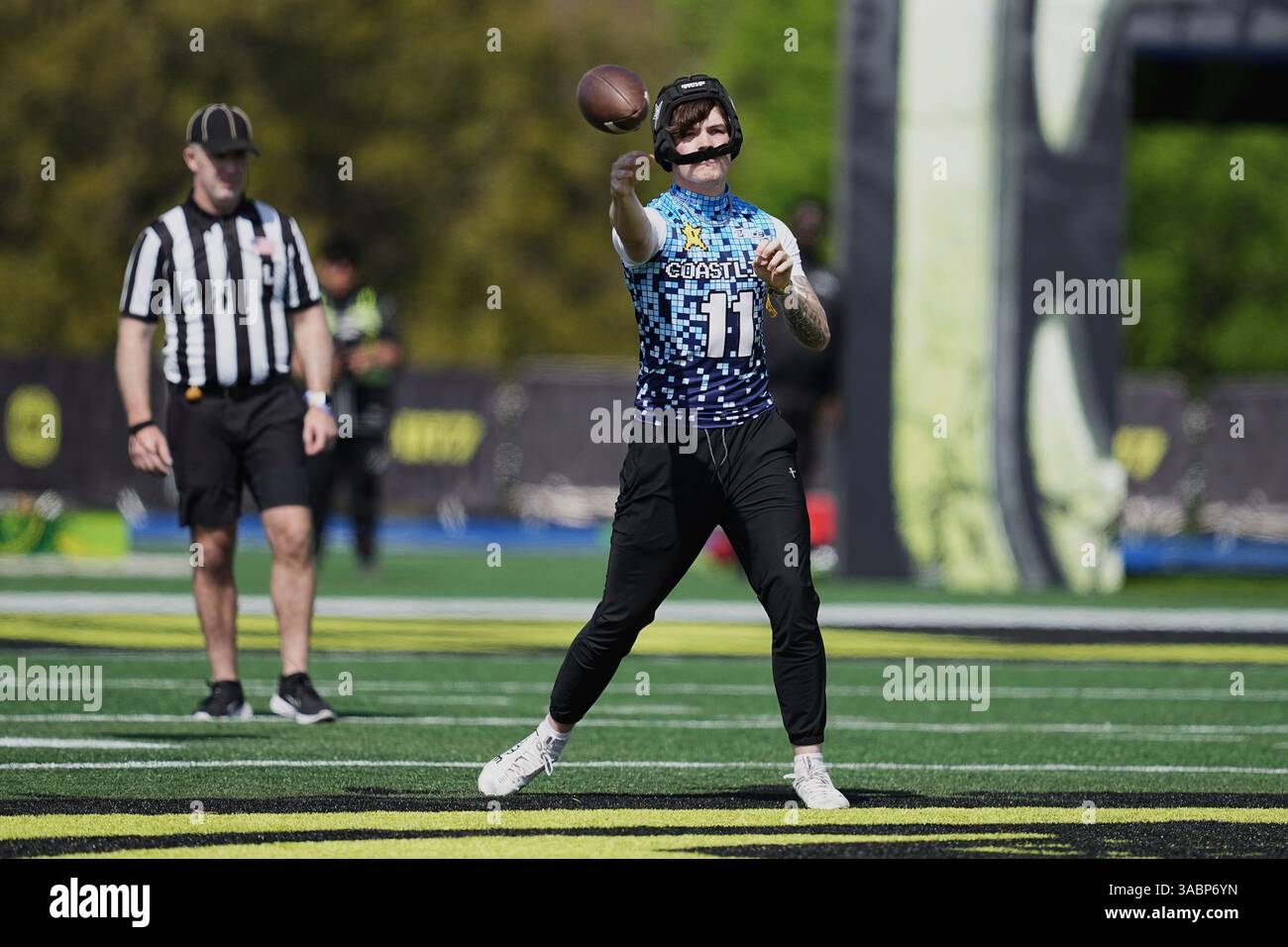 Coastline Stars quarterback Briggs Cherry throws a pass during an OT7 football Week 3 game ...