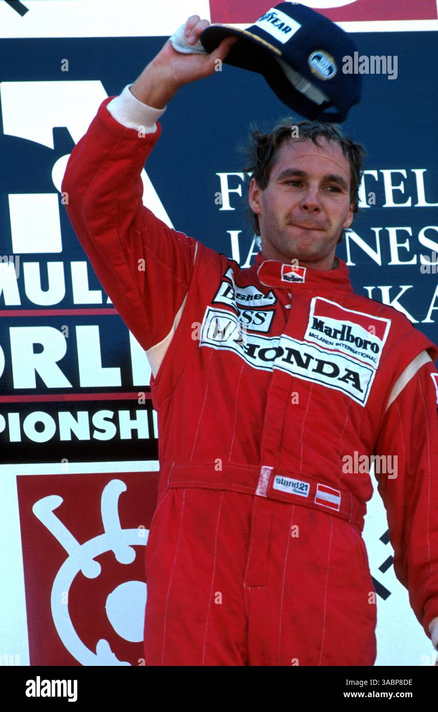 Race winner Gerhard Berger (AUT) took the top step of the podium thanks ...