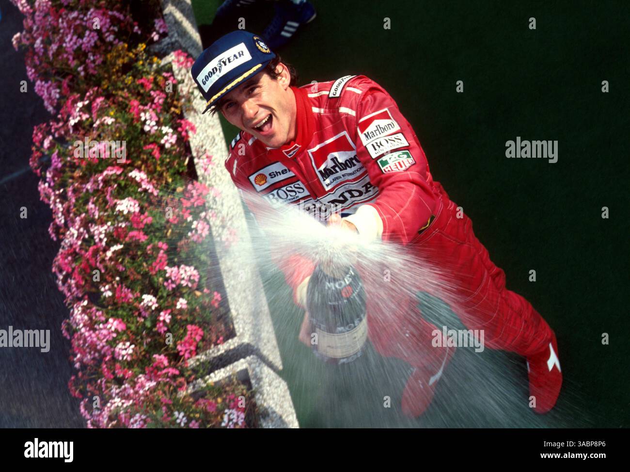 Ayrton Senna (BRA) McLaren celebrates his fifth and final success at ...
