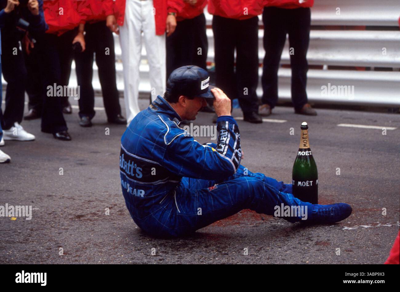 Second place finisher Nigel Mansell (GBR) was exhausted following his ...
