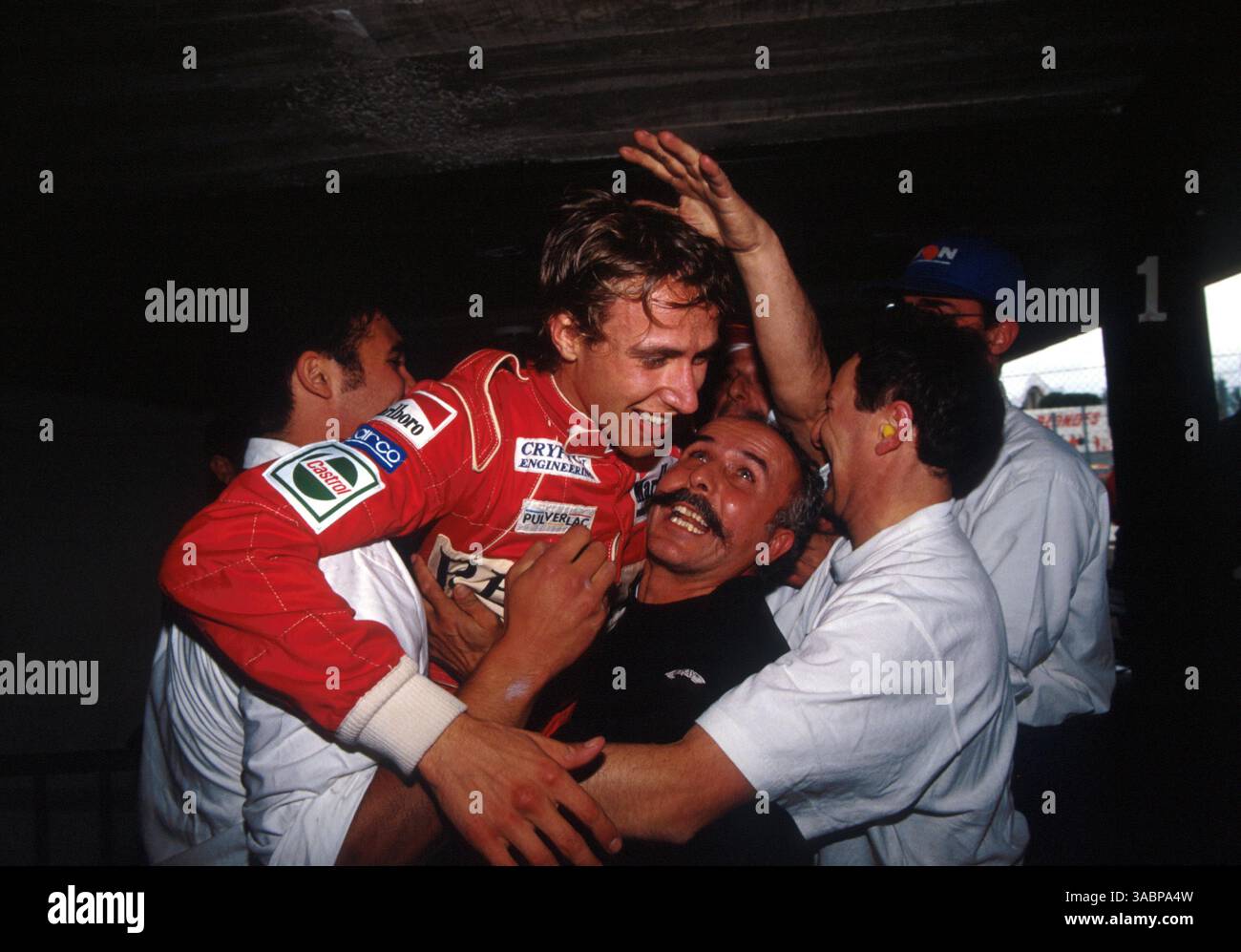 Race winner Luca Badoer (ITA) celebrates winning the F3000 Championship ...