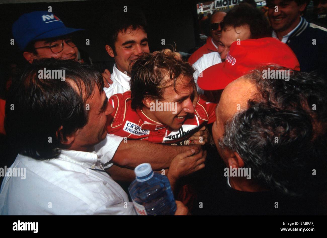 Race winner Luca Badoer (ITA) celebrates winning the F3000 Championship ...