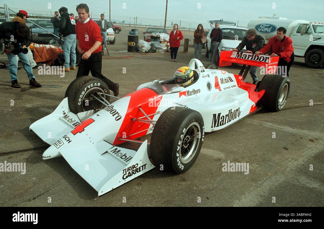 Ayrton Senna (BRA) is pushed out of the paddock and towards the test ...