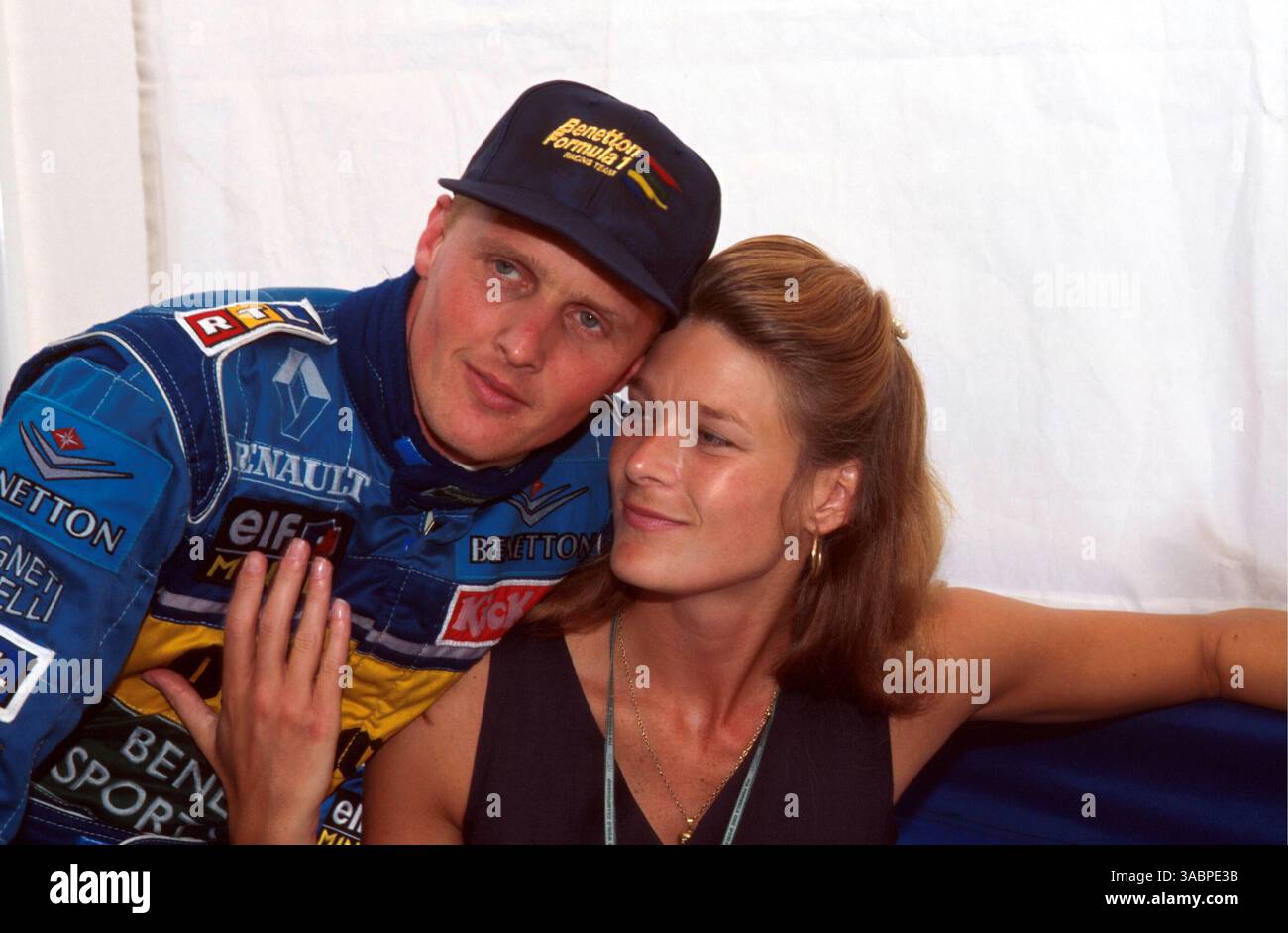 Johnny Herbert celebrates his first GP victory with his wife Becky ...