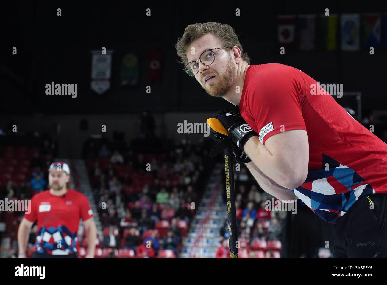 Moose Jaw, Canada. 02nd Apr, 2025. Norway's Martin Sesaker, left, and ...