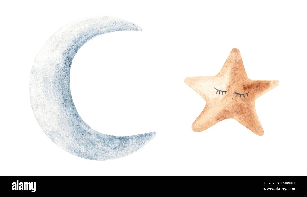 Set of Crescent blue Moon and cute sleeping Star. Watercolor ...