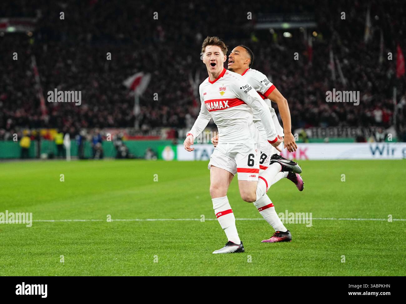 April 02 2025: Angelo Stiller of VfB Stuttgart scores and celebrates ...