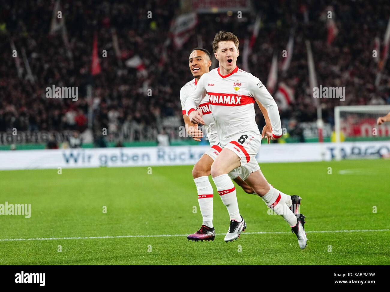 MHP Arena, Stuttgart, Germany. 02nd Apr, 2025. Angelo Stiller of VfB Stuttgart scores and ...