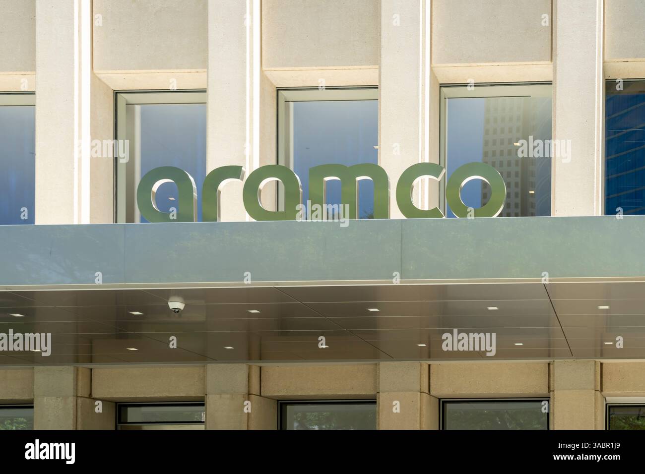 Aramco logo sign on the office building in Houston, Texas, USA. Aramco ...