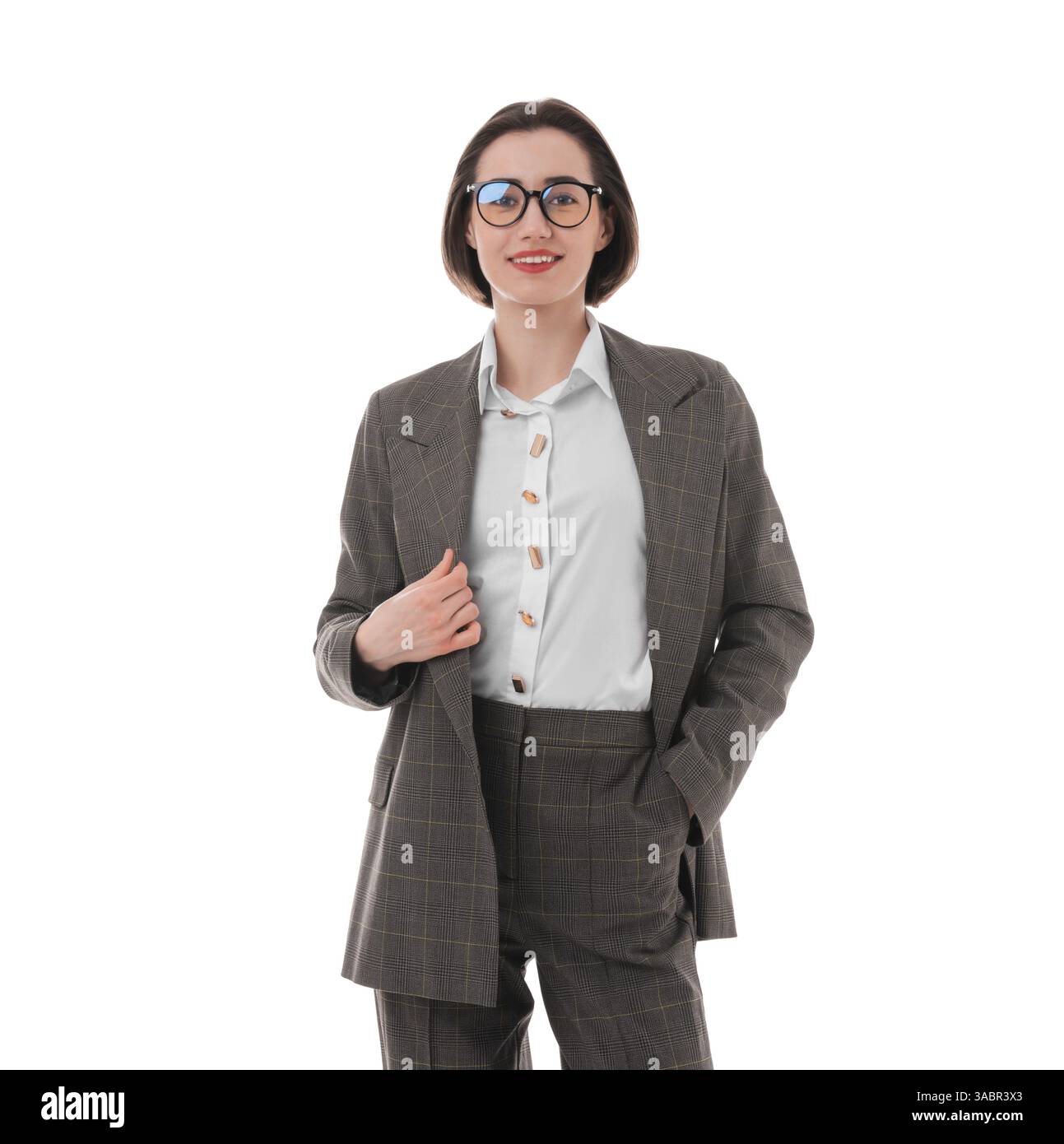 Portrait of confident secretary on white background Stock Photo - Alamy