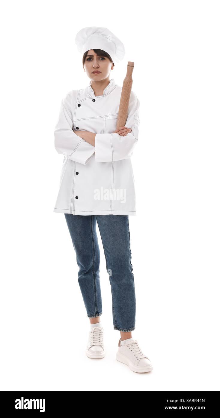 Upset chef with rolling pin on white background Stock Photo - Alamy
