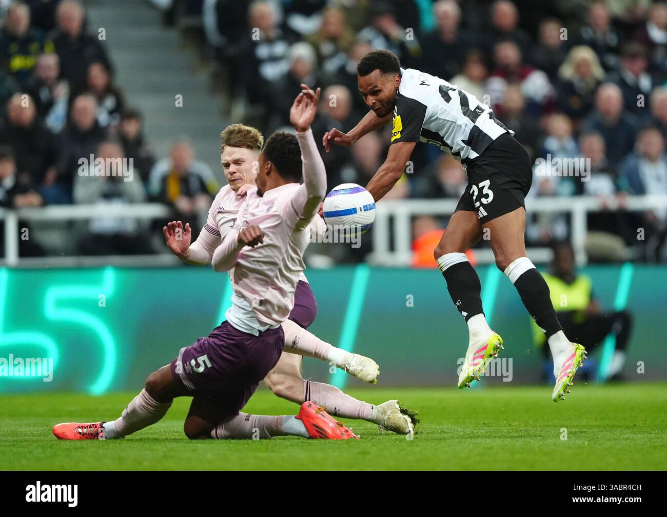Brentford's Ethan Pinnock, Keane Lewis-Potter and Newcastle United's ...