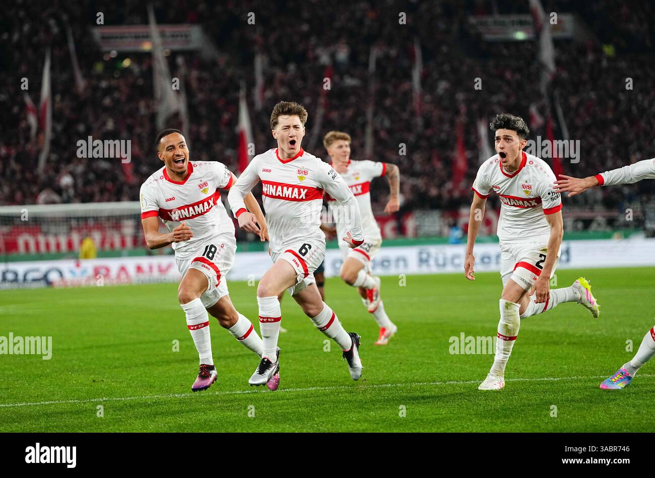 Stuttgart, Germany. 02nd Apr, 2025. April 02 2025: Angelo Stiller of VfB Stuttgart scores and ...