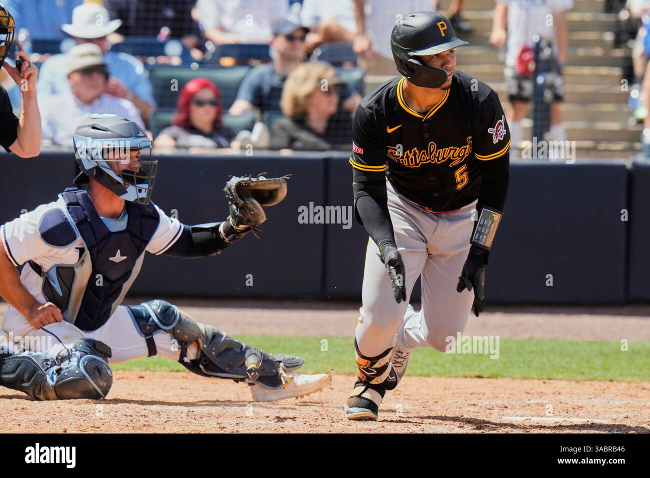 Pittsburgh Pirates' Endy Rodríguez (5) watches his RBI single off Tampa ...