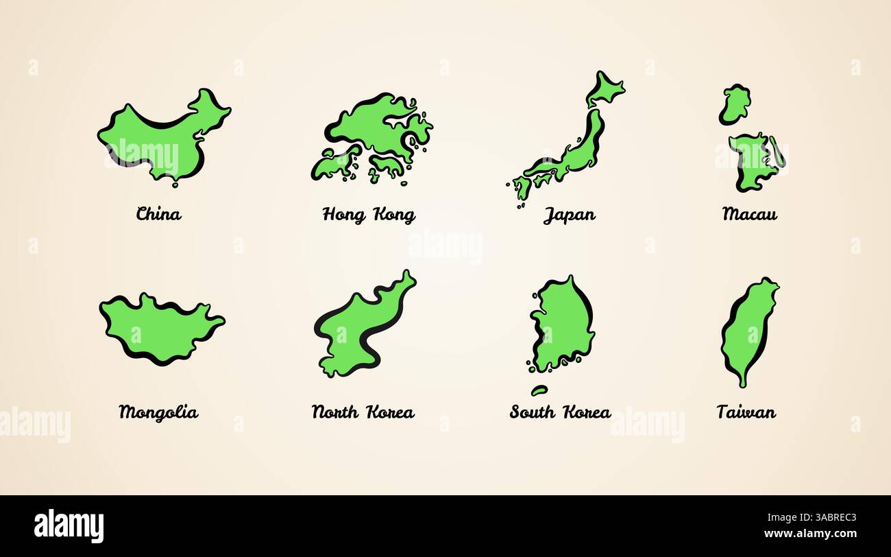 Simplified outline maps of China, Hong Kong, Japan, Macau, Mongolia ...