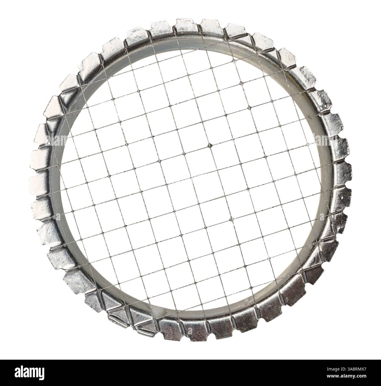 A close-up metal egg slicer with a grid of thin wires, isolated ...