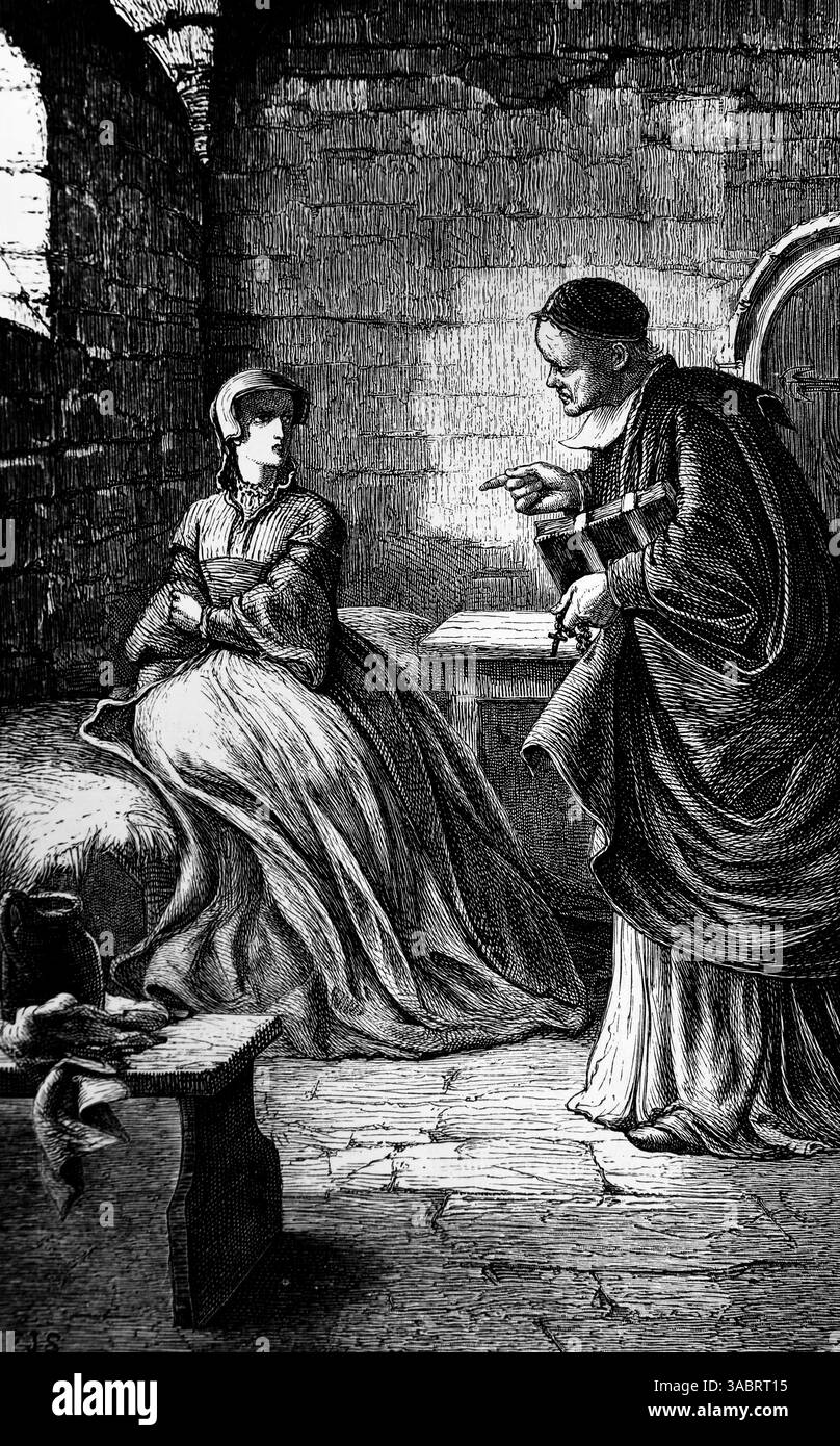 Illustration of The First imprisonment of Anne Askew in March 1545 where a Priest was sent to ...