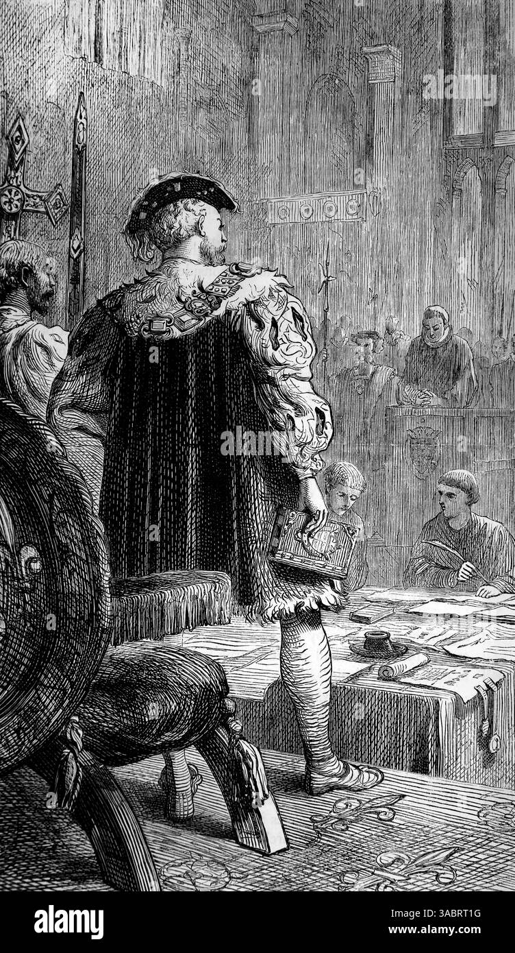 Illustration of John Lambert (16th Century Martyr) on Trial with king ...