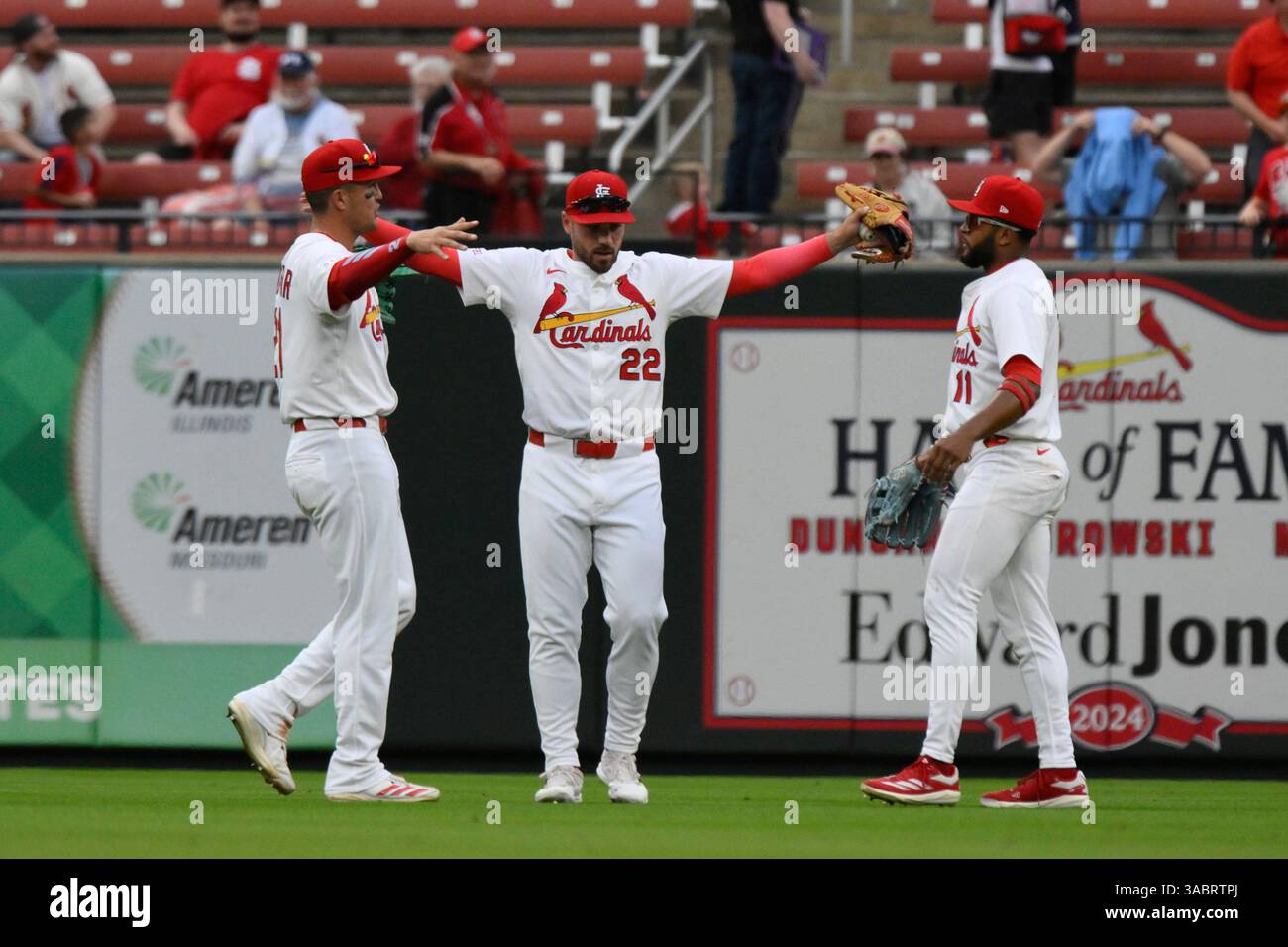 St. Louis Cardinals' Michael Siani (22), celebrates with Lars Nootbaar ...