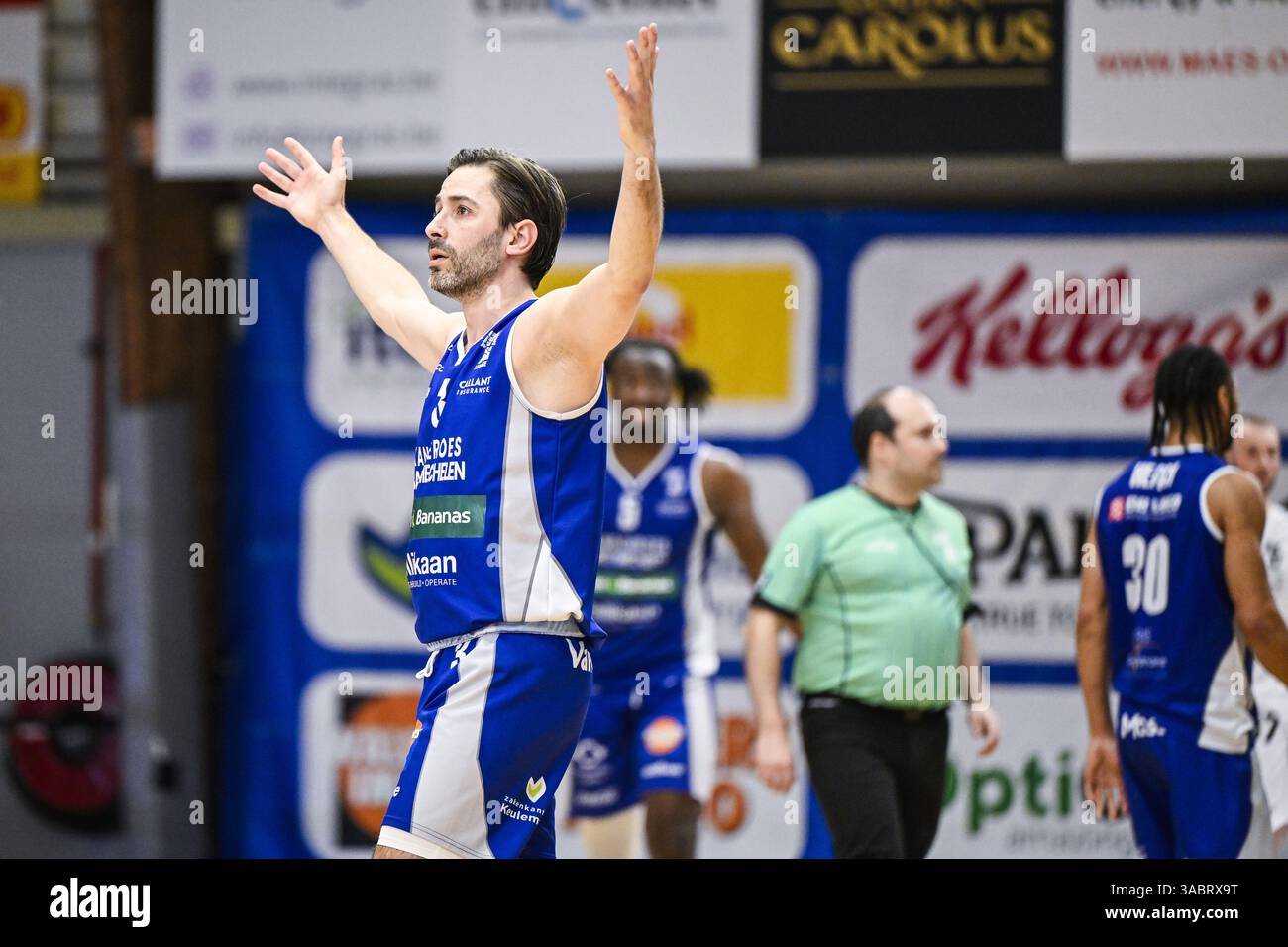 Oostende, Belgium. 02nd Apr, 2025. Mechelen's Domien Loubry reacts ...