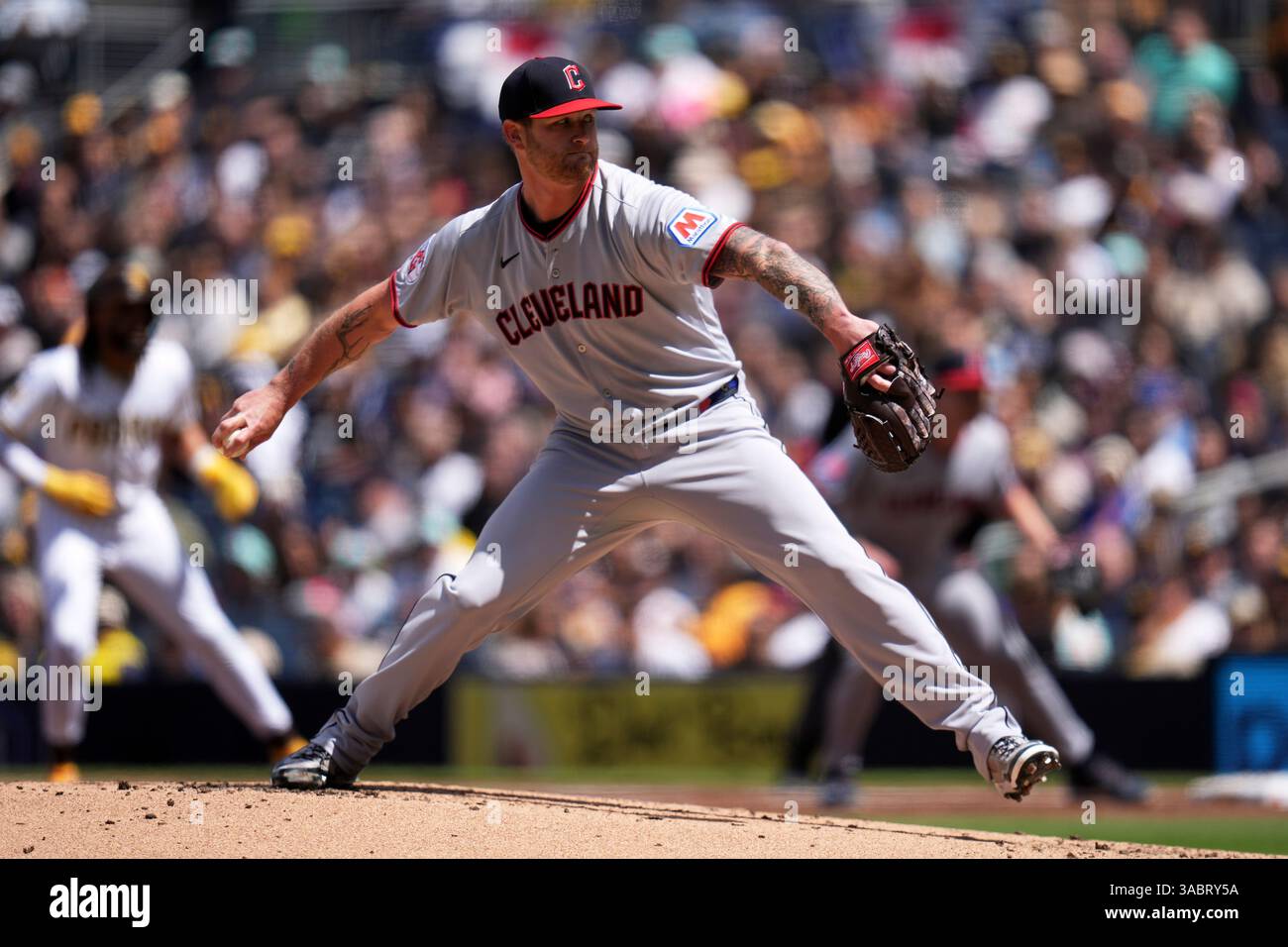 Cleveland Guardians starting pitcher Ben Lively works against a San ...